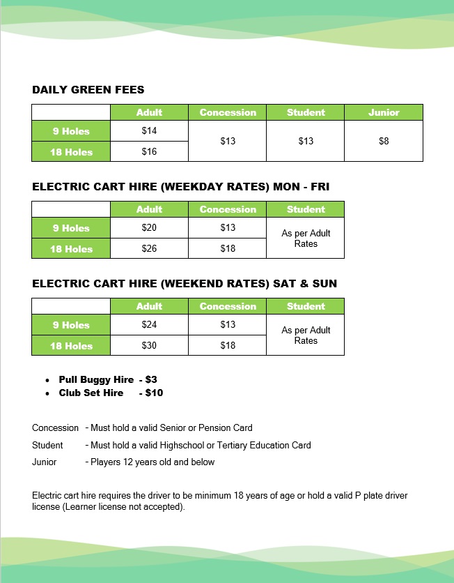 Prices - Chinderah Golf